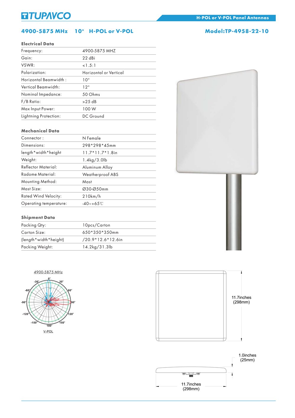 Tupavco TP544 WiFi Panel Antenna (5GHz) (22dBi) Outdoor Directional (4900-5850 MHz) Wireless Network Signal (Pole Mast Mount) Weatherproof High-Gain Long Distance Range (N-Female Connector)