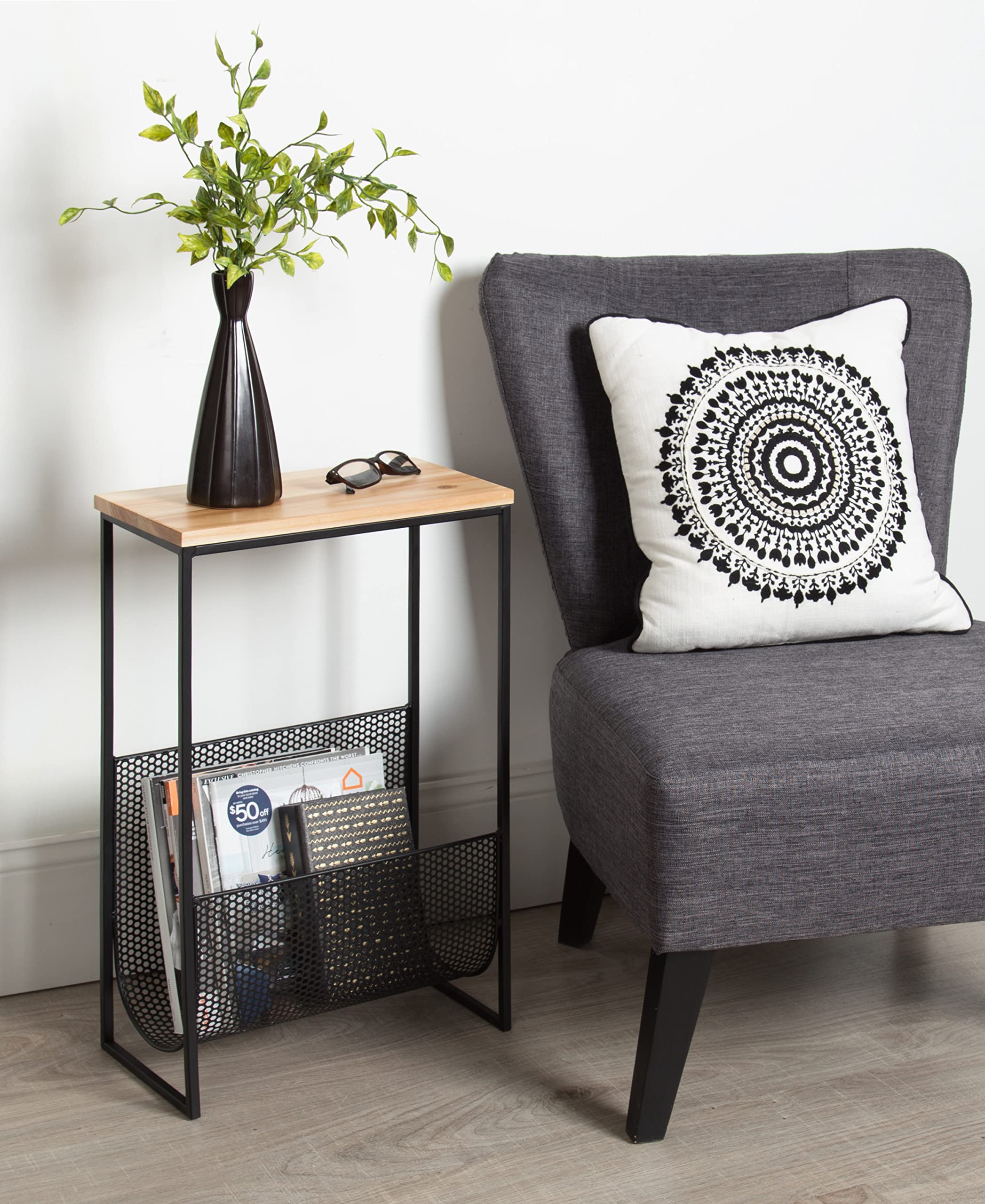 Kate and Laurel Galen Accent Side Table and Magazine Rack with Natural Wood Top and Black Metal Base