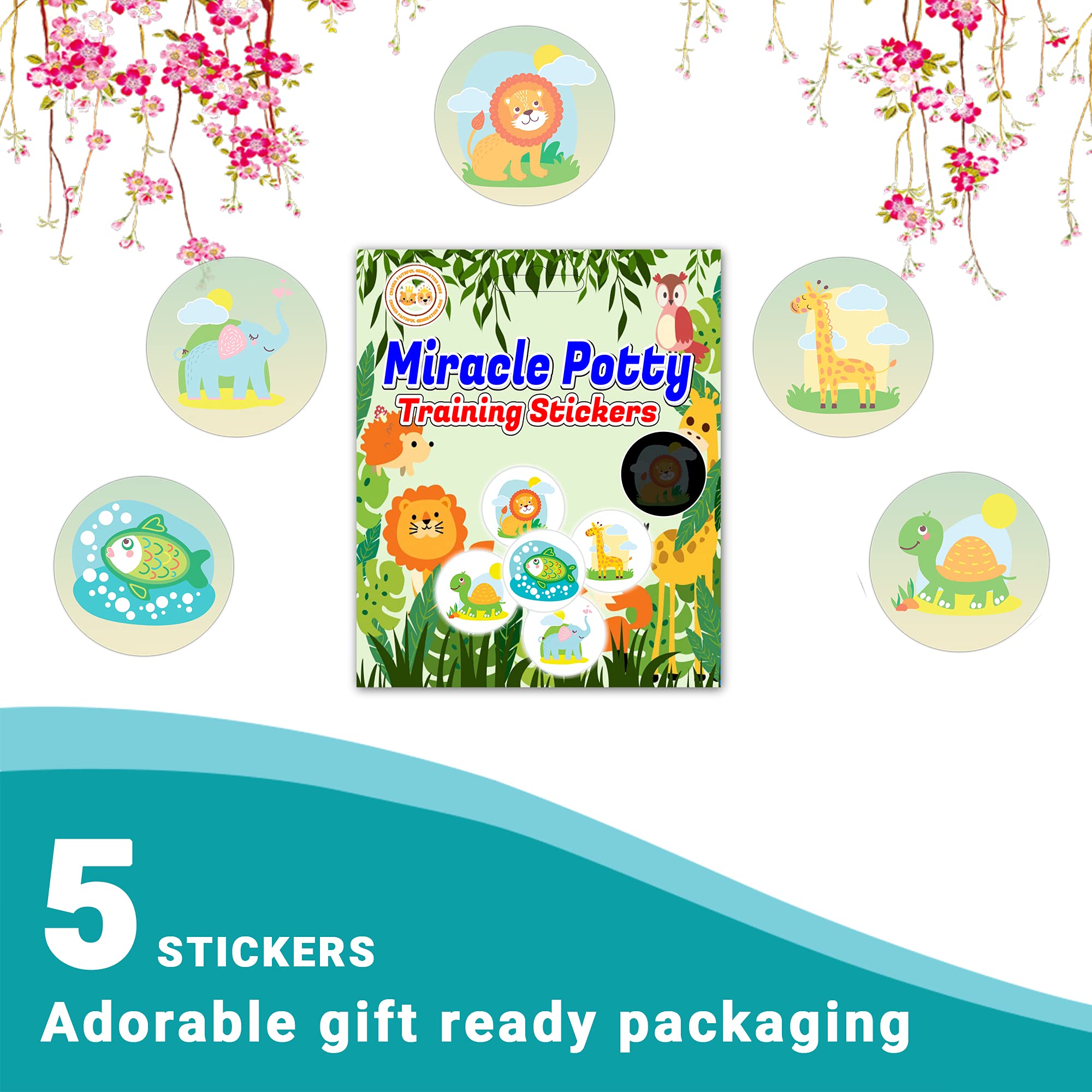 Miracle Potty Training Color Changing Stickers for Girls and Boys | Jungle Animal Toddler Potty Training Seat Toilet Sticker | Use with or Without Printable Potty Chart Or Potty Watch | 5 Pack