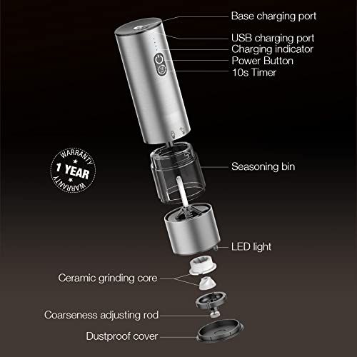 Gravity Electric Salt and Pepper Grinder Set, Automatic Upgraded Pepper and Salt Mill with Charging Base, Adjustable Coarseness and LED Light, One Hand Operation (Silver)