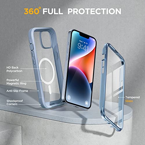Miracase Magnetic iPhone 14/13 Case with Magsafe, Full-Body Bumper, Anti-Fingerprint 9H Tempered Glass, Dust Port - Blue