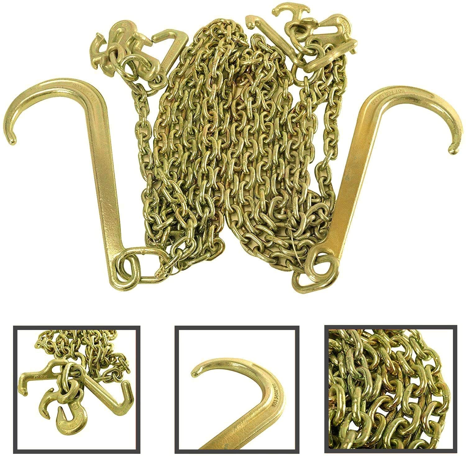 BLACKHORSE-RACING Grade 70 5/16 Inch x 10 Feets Transport Tow Chain J Hook Long Shank w/R T J Grab Hook Yellow Zinc - 3,700 lbs. Safe Working Load