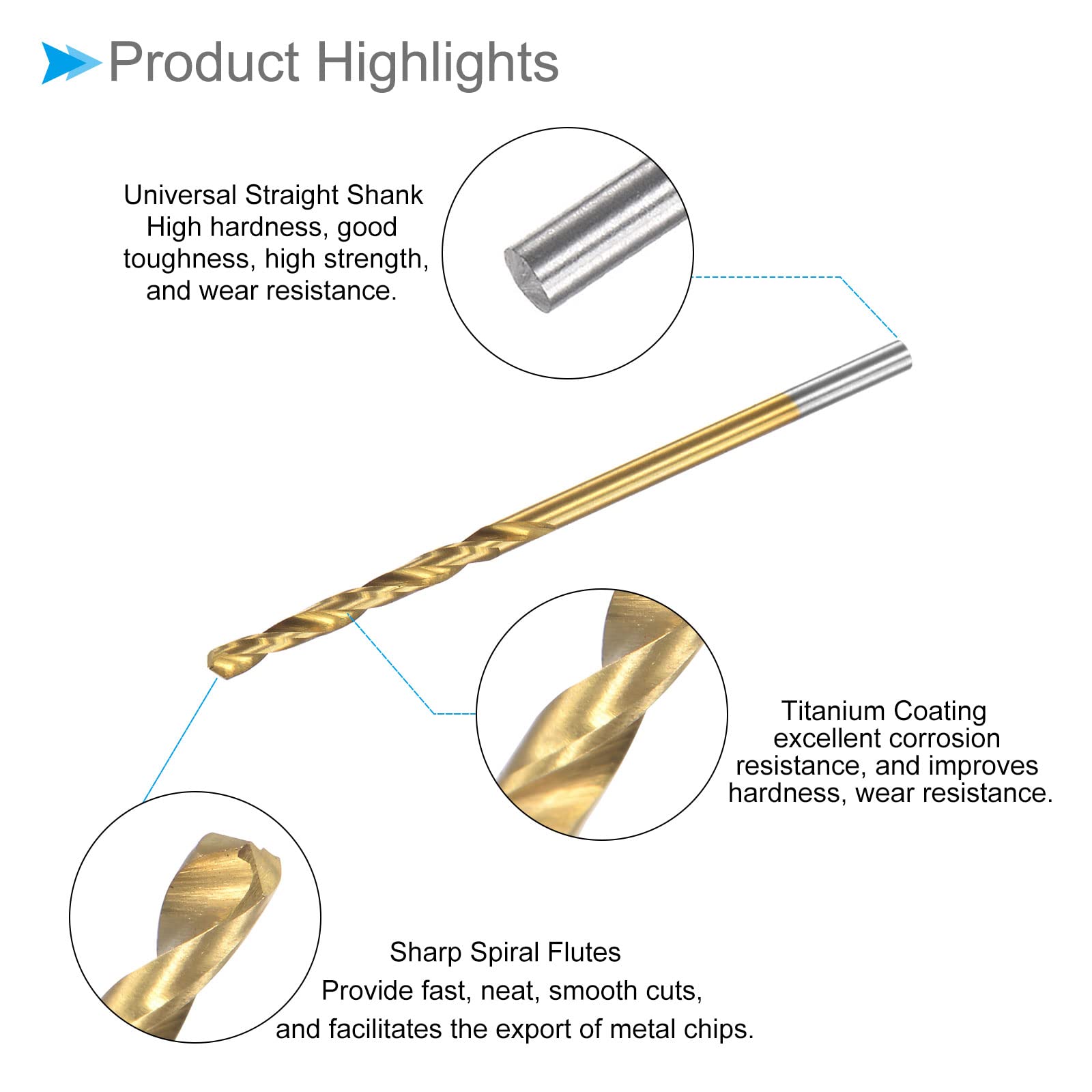 CoCud Twist Drill Bits, 2.5mm Drilling Diameter, Titanium Coated High Speed Steel 6542 Straight Round Shank - (Applications: for Stainless Steel Alloy Metal), 6-Pieces