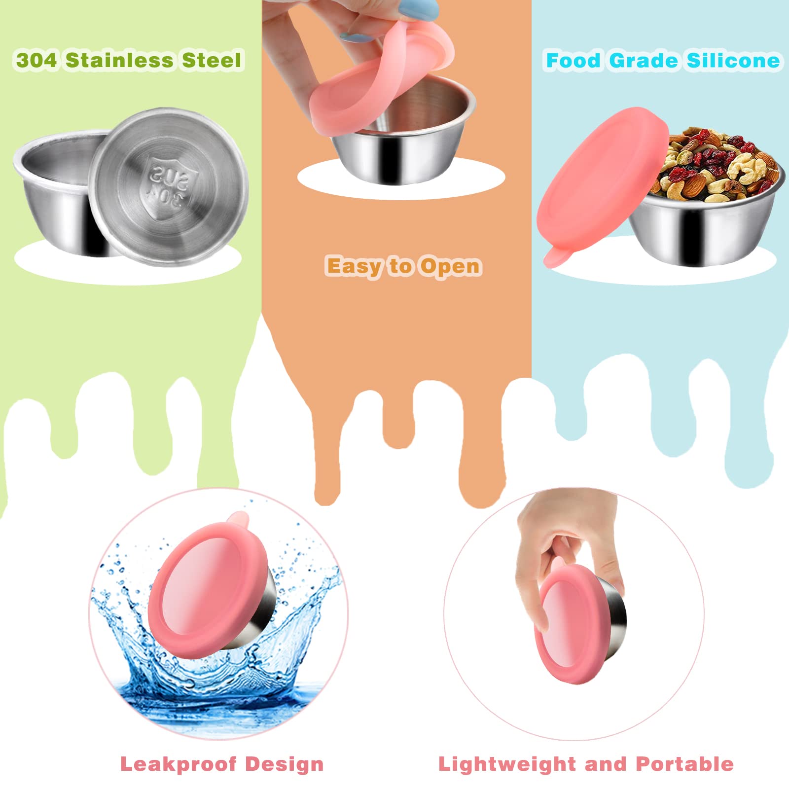 GUMBALL 6 Pack Salad Dressing Container To Go, 1.6oz Stainless Steel Sauce Containers Condiment Cups with 8 Silicone Lids for Lunch Bento Box, Leakproof, Easy to Open - 1 Extra Deep Clean Brush