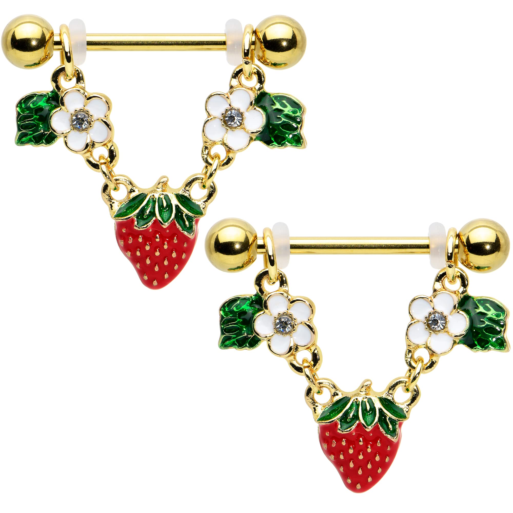Body Candy 14G Womens Nipplerings Piercing PVD Steel 2Pc Strawberry Flower Dangle Nipple Ring Set 9/16"