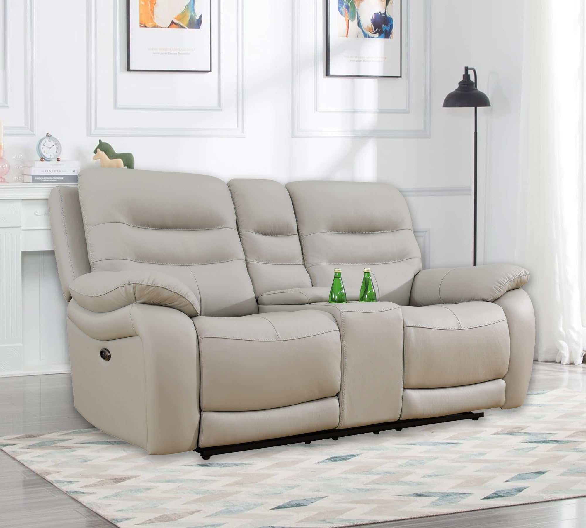 Ocstta Genuine Leather Power Recliner Couch, 77" Leather Couch with Storage Console&Cup Holer, Top Grain Reclining Leather Couch for Living Room Office Apartment (Recliner Loveseat, Light Grey)