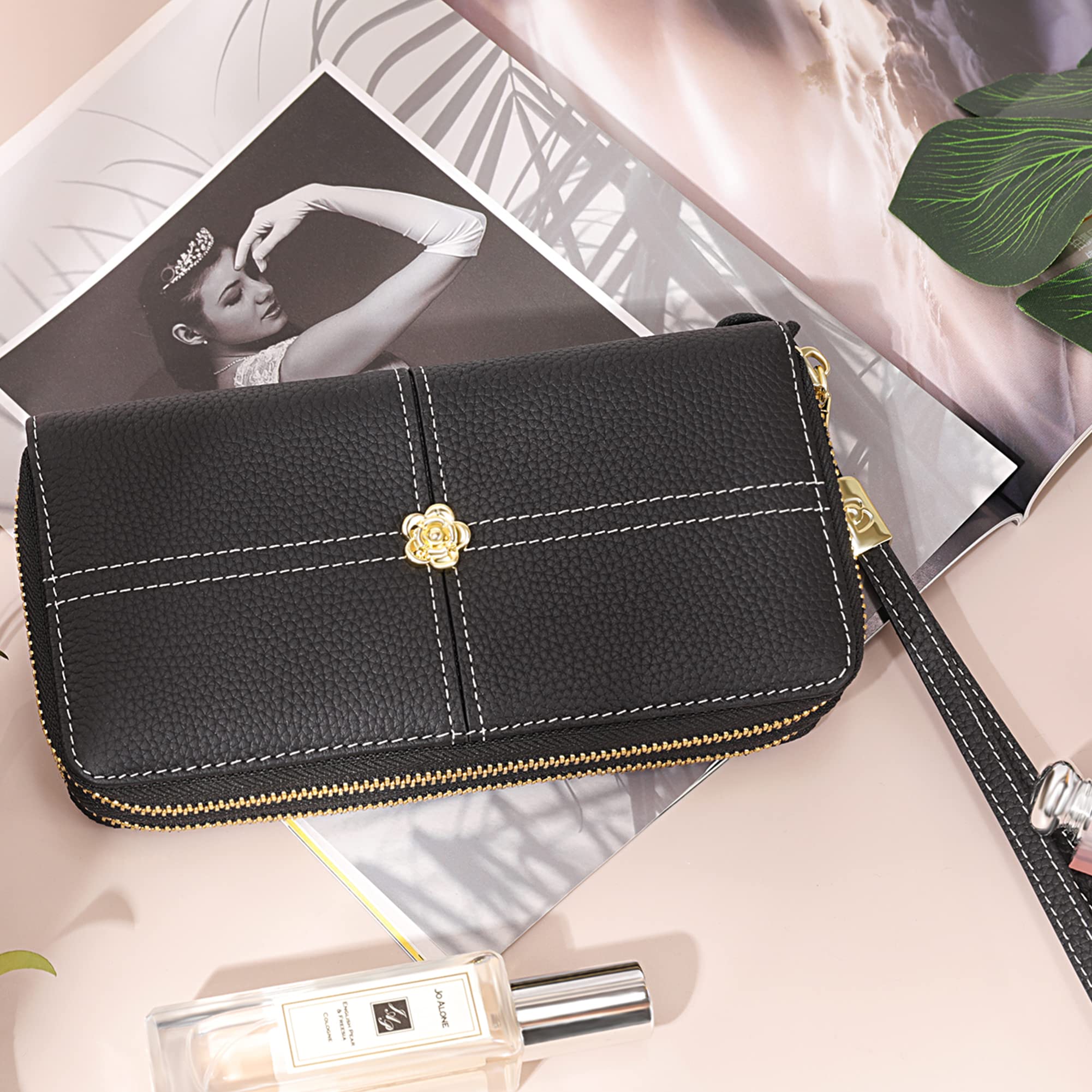 Pomelo Best Real Leather Women's Wallet with Camellia Ornament, RFID Blocking, Coin Pocket, Black, L