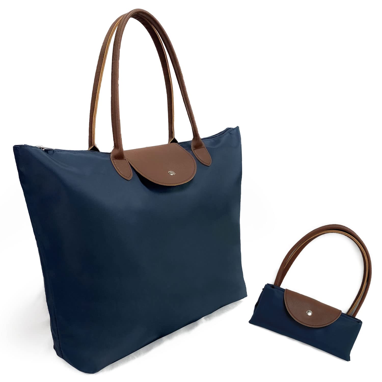 Tote Top Handle Bag,Lightweight Packable Stylish Handbag Foldable Zipper Travel shoulder Bag for Women -Navy