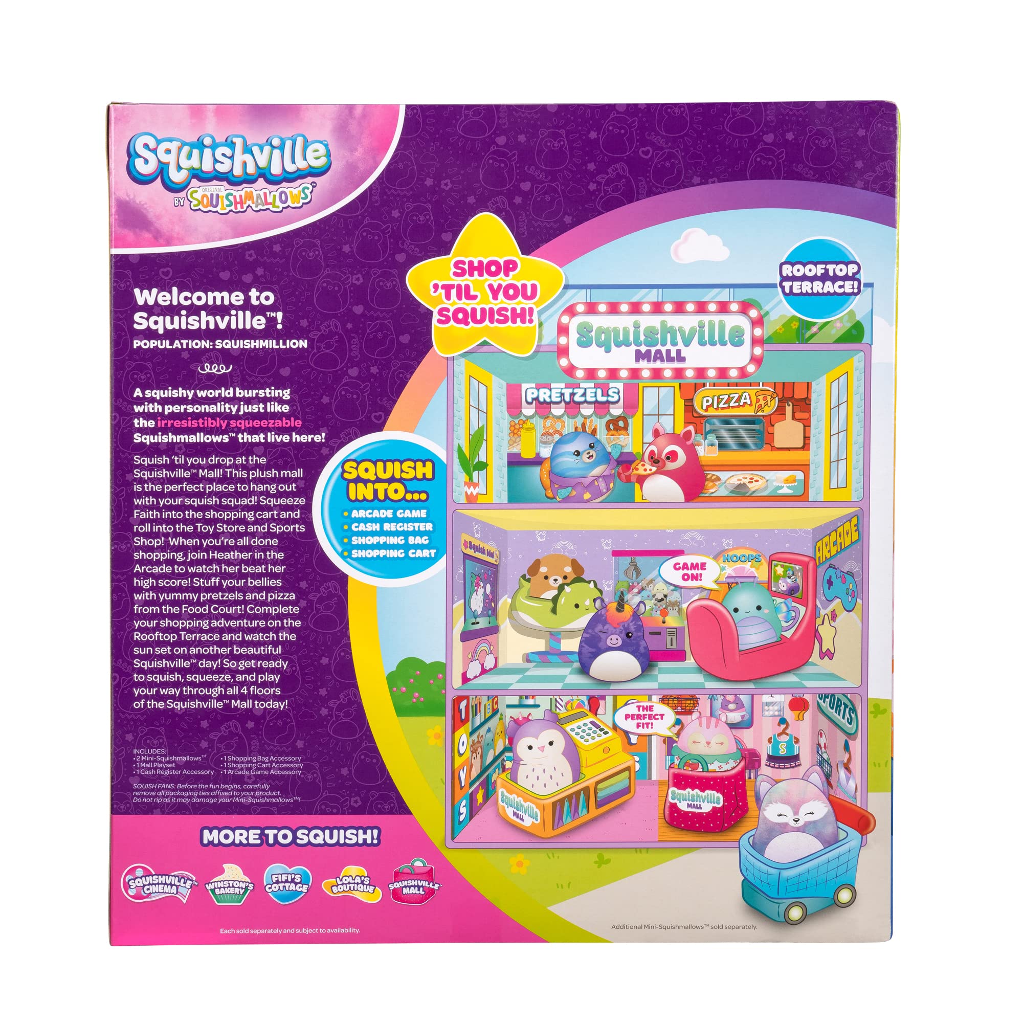 Squishville by Squishmallows SQM0158 Mall-Two 2” Mini-Squishmallow Plush Characters, Themed Play Scene, Plus 4 Accessories Bag, Shopping Cart, Cash Register, Arcade Machine, Multi