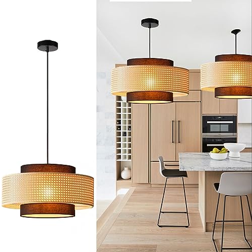 DZQWLL Rattan Pendant Light, Boho Ceiling Light Fixtures with Woven Basket Wicker Shade, Bamboo Light Fixture, Rattan Hanging Lamp Chandelier for Kitchen Living Room Dining Room Bedroom
