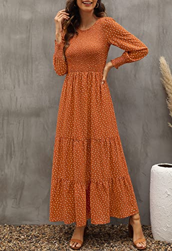 Kranda Fall Dresses for Women 2023 Round Neck Puff Long Sleeve Dress Smocked Ruffle Tiered Floral Maxi Dress Camel S