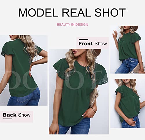 Dokotoo Women's Fashion 2023 Summer Ruffle Short Sleeve Round Neck Tops Lace Pom Pom Smocked Basic Tee Shirts Back Keyhole Self Tie Flowy Chiffon Blouses XL Green