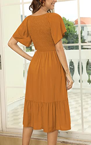 Kranda Women Short Flutter Sleeve V Neck Smocked Solid Pleat Midi Dress Pumkin Spice M