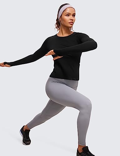 CRZ YOGA Womens Seamless Ribbed Workout Long Sleeve Shirts Quick Dry Gym Athletic Tops Breathable Running Shirt Black Medium