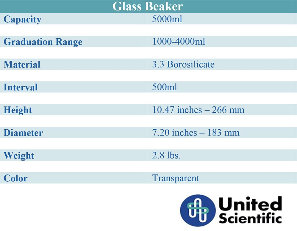 United Scientific™ BG1000-5000 Borosilicate Laboratory Grade Glass Beakers | Griffin Style Low Form Beaker | Graduated with Spout | Designed for Laboratories & Chemistry Classrooms | 5000mL Capacity