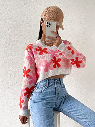 Floerns Women's Casual Rib Knit Long Sleeve V Neck Floral Pattern Drop Shoulder Crop Sweater Top Pink S