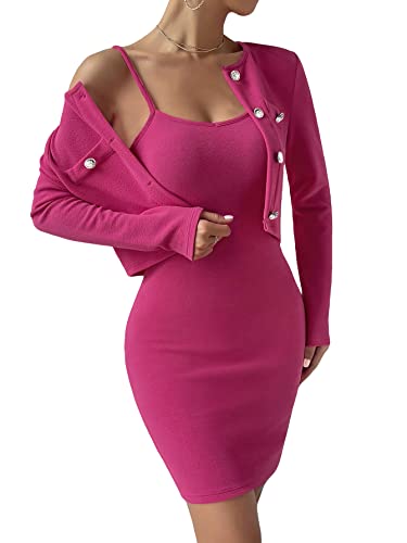 Floerns Women's 2 Piece Outfit Button Front Jacket Blazer with Bodycon Cami Dress Hot Pink M