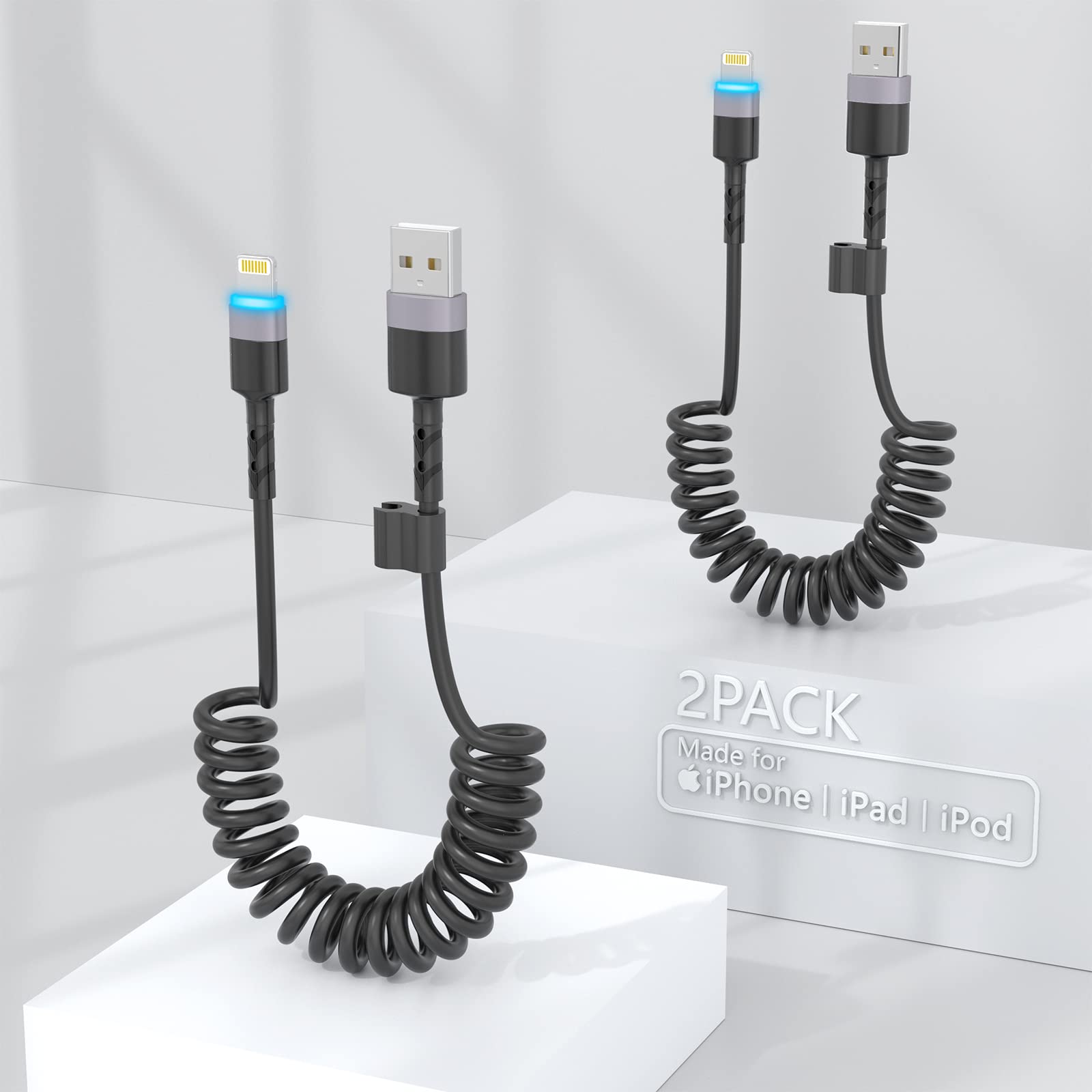 Coiled Lightning Cable for Car [2 Pack], Coiled Apple Carplay Cable 6ft [Apple Mfi Certified] Coil iPhone Charger Cord Compatible with Iphone14/13/12/11 Pro Max/Xs Max/Xr/Xs/X/8/7/Plus/6s Ipad/iPod