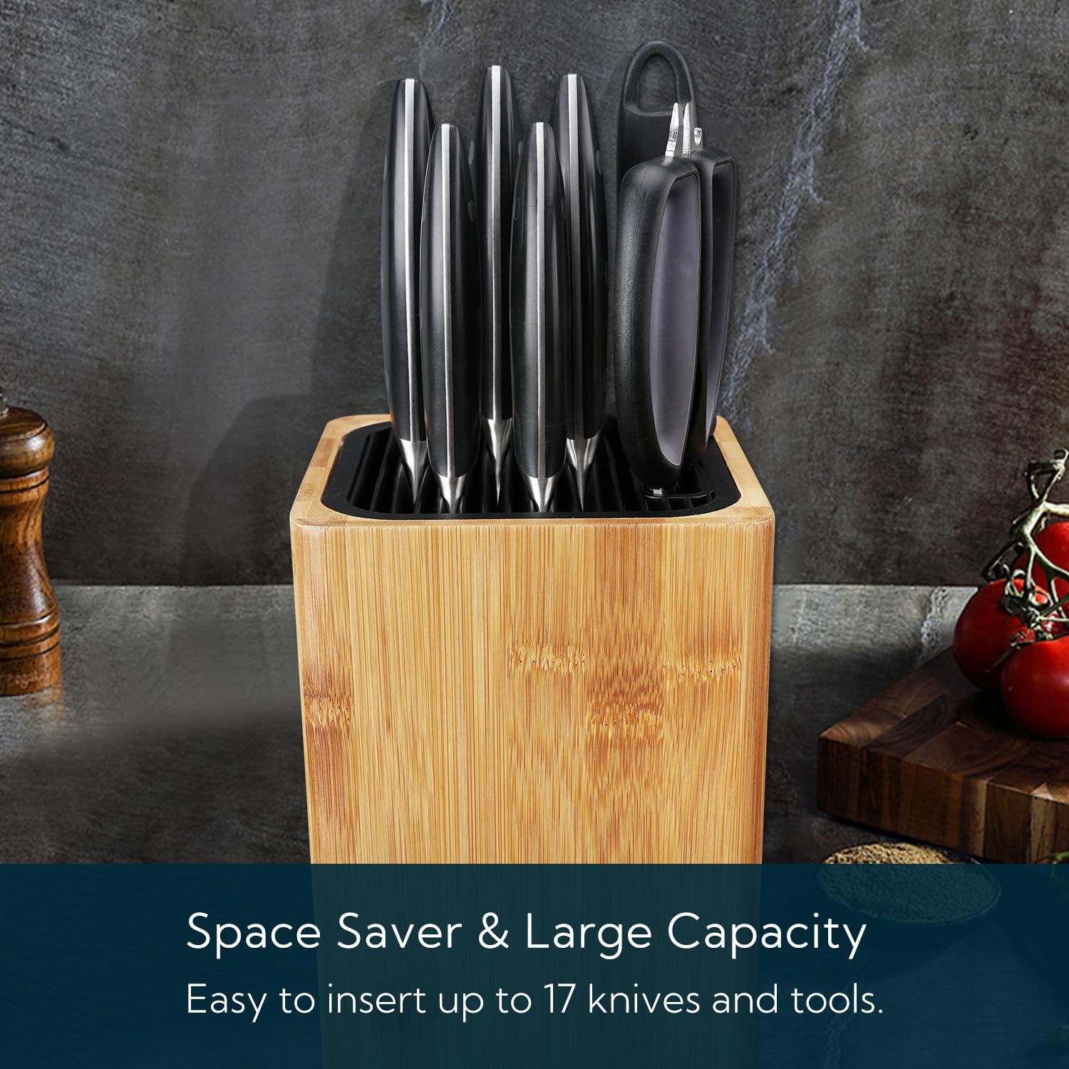 Deluxe Universal Knife Block with Slots for Scissors and Sharpening Rod - Eco-Friendly Bamboo Knife Holder For Safe, Space Saver Knives Storage - Unique Slot Design to Protect Blades - by KITCHENDAO