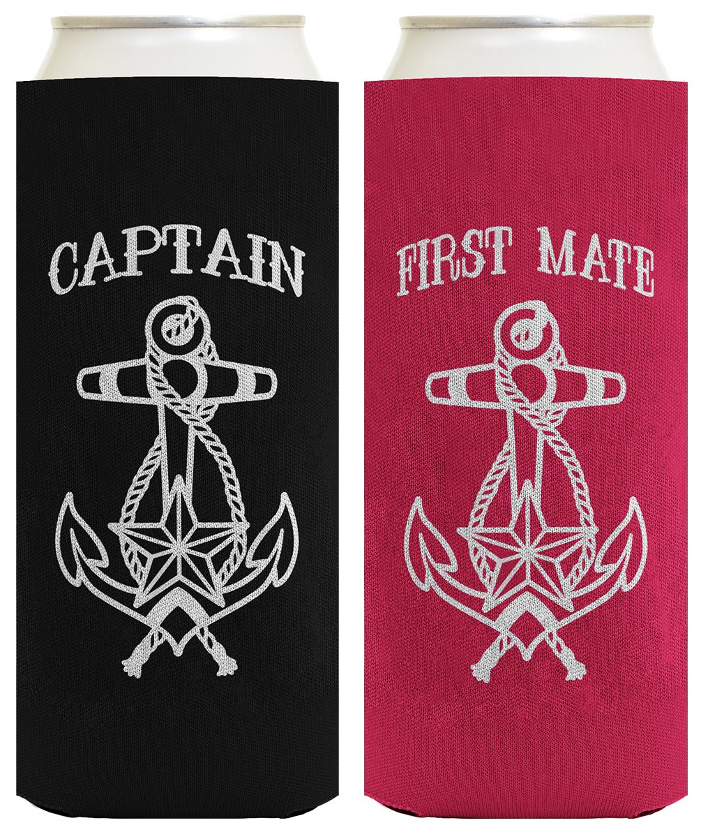 Captain First Mate Can Coolers Nautical Sailing Couples Gift 2 Pack Ultra Slim Can Coolie Energy Drink Coolers Black Magenta