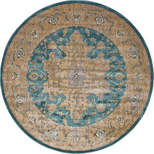 Unique Loom Aurora Collection Over-Dyed, Abstract, Botanical Southwestern, Transitional Area Rug, 8 ft x 8 ft, Teal/Beige