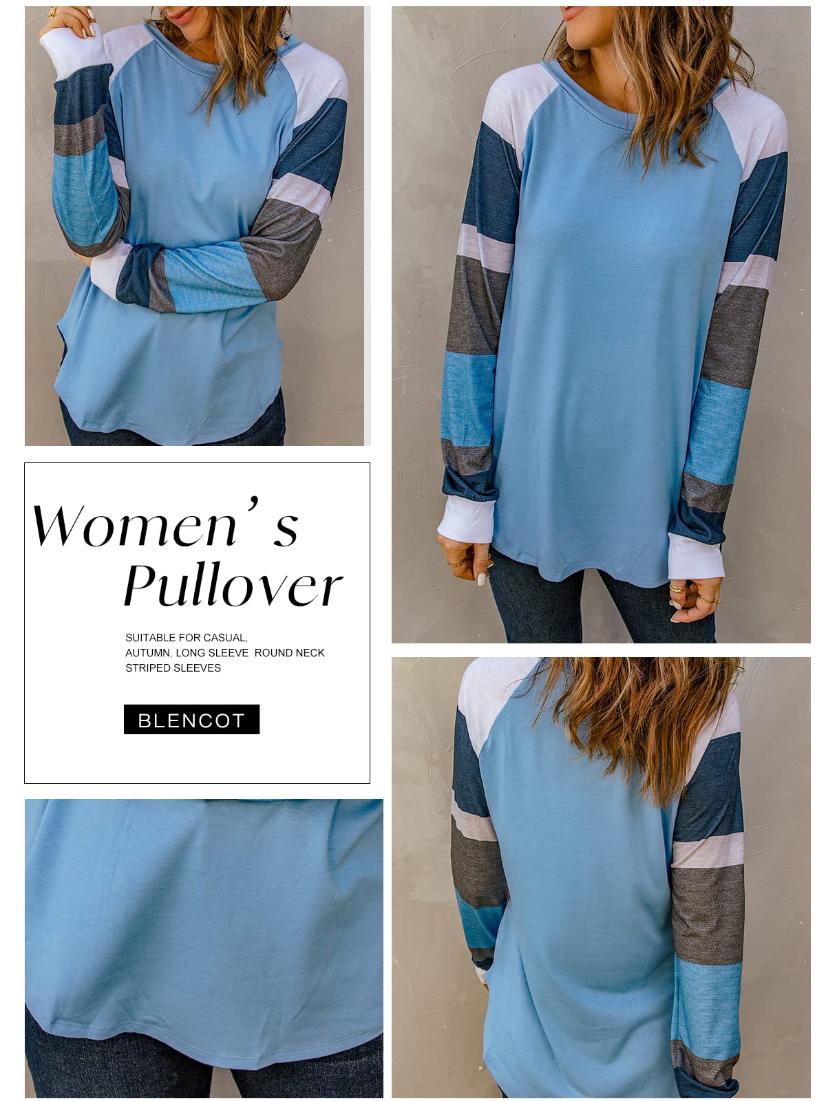 BLENCOT Womens Plus Size Winter Long Sleeve Tunics Tops Color Block Casual Lightweight Blue Sweatshirts Pullover (US18-20) XX-Large