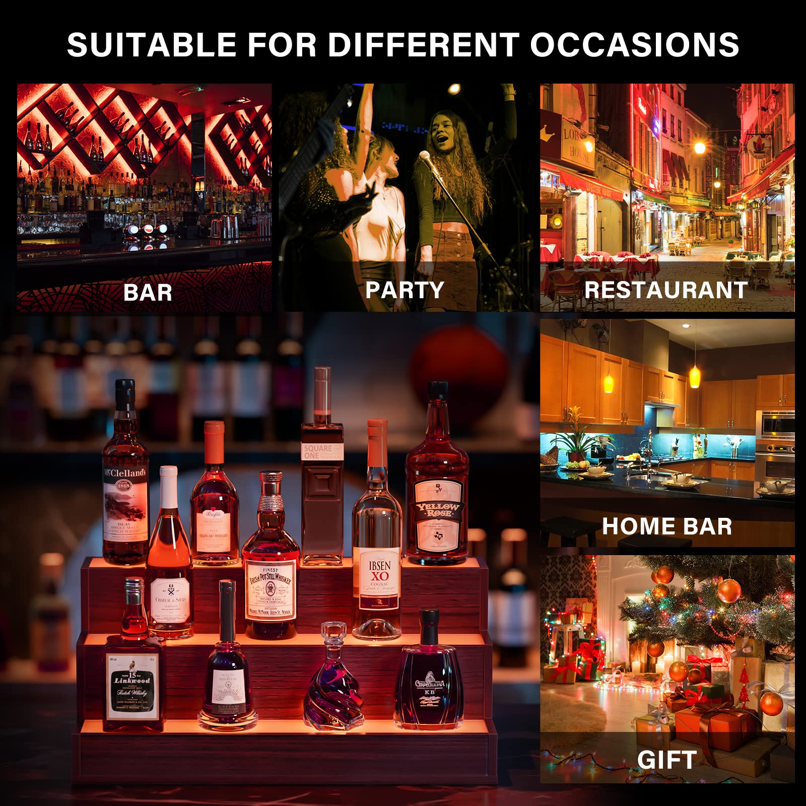 Cubehom LED Lighted Liquor Bottle Display Shelf, 24 Inch Bar Display Shelf with App & Remote Control 3 Tier for Home Bar, Party, Walnut