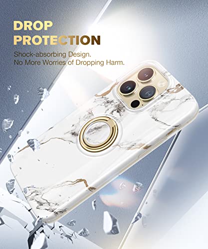 GVIEWIN Compatible with iPhone 14 Pro Case 6.1 Inch 2022, [Built-in 360° Rotatable Ring Stand] Marble Slim Stylish Durable Hard Shockproof Phone Holder Kickstand Cover(White/Gold)