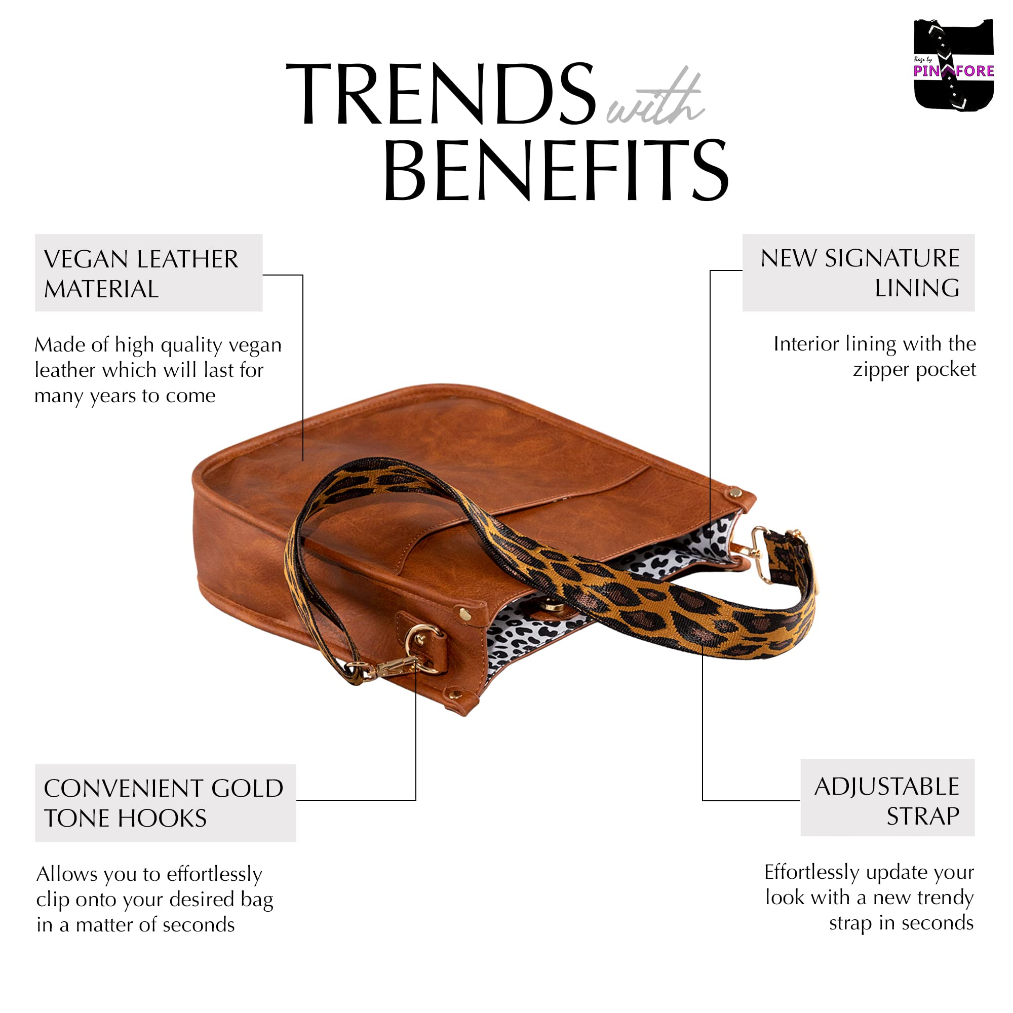 Pinafore Signature Vegan Leather Crossbody Fashion Shoulder Bag with Adjustable Strap (Signature Tan)