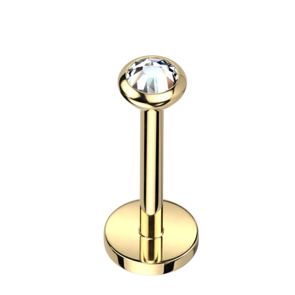 BODY DAZZ Bezel Set CZ Push in Threadless Titanium Top and Post Set for Labret, Nose Rings, Cartilage Earring, Lip Piercing (16 Gauge 8mm Length, Goldtone/Clear)