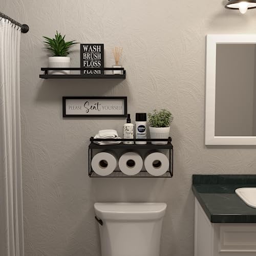 DOLLFIO Floating Shelves with Wall Décor Sign, Bathroom Shelves Over Toilet with Wire Storage Basket, Wood Wall Shelves with Protective Metal Guardrail– Black