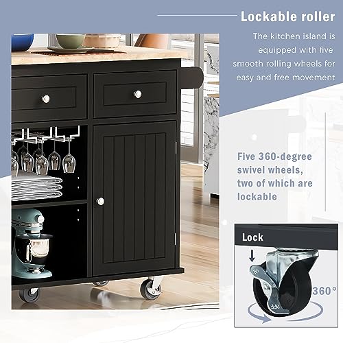 Gustonhon Kitchen Island with Drop Leaf,Dining Table Trolley with Power Outlet and Rubber Wood,Open Storage and Wine Rack,5 Wheels,with Adjustable Storage for Home, Kitchen, and Dining Room (Black)