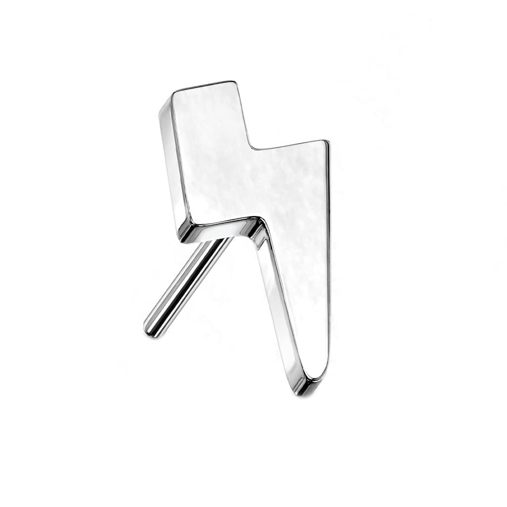 BODY DAZZ Bolt, Crescent, Heart or Star Push in Titanium Top, Use with Threadless Post for Labret, Nose Rings, Cartilage Earring, Lip Piercing (Lightning Bolt Silvertone)
