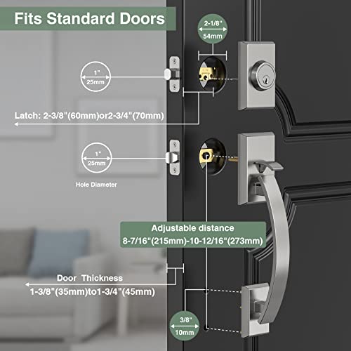 Floresita Front Door Lock Set, Sliver Front Door Handle and Deadbolt Set Adjustable, Satin Nickel Door Handle Heavy and Substantial Exterior Door Handle, Front Entry Door Handle Reversible