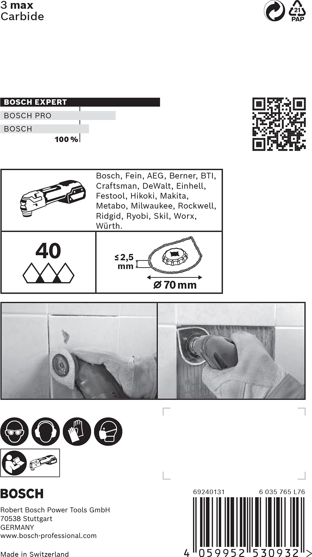 Bosch Professional 1x Expert 3 max AVZ 70 RT4 Multitool Grouting Plates (for Mortar, Ø 70 mm, Accessory Multitool)