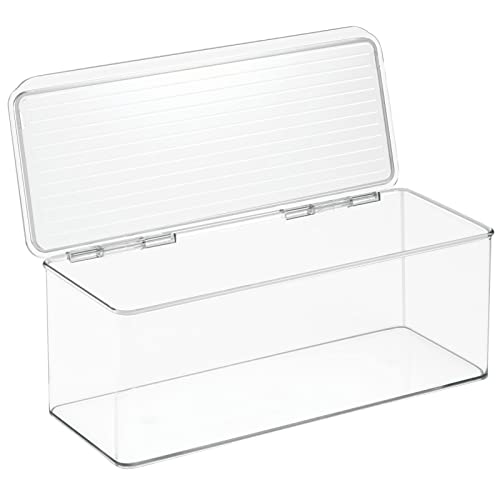 mDesign Plastic Stackable Storage Organizer Box with Hinged Lid - Long Home Office Holder Supply Bin for Note Pads, Gel Pens, Staples, Tape, Highlighters, or Dry Erase Markers - Clear