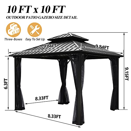 GARTOO 10'x10' Outdoor Double Roof Galvanized Hardtop Gazebo - Heavy-Duty Aluminum Frame Iron Top Gazebo with Breathable Netting & Curtains for Patio, Garden, Lawn, Deck, Backyard
