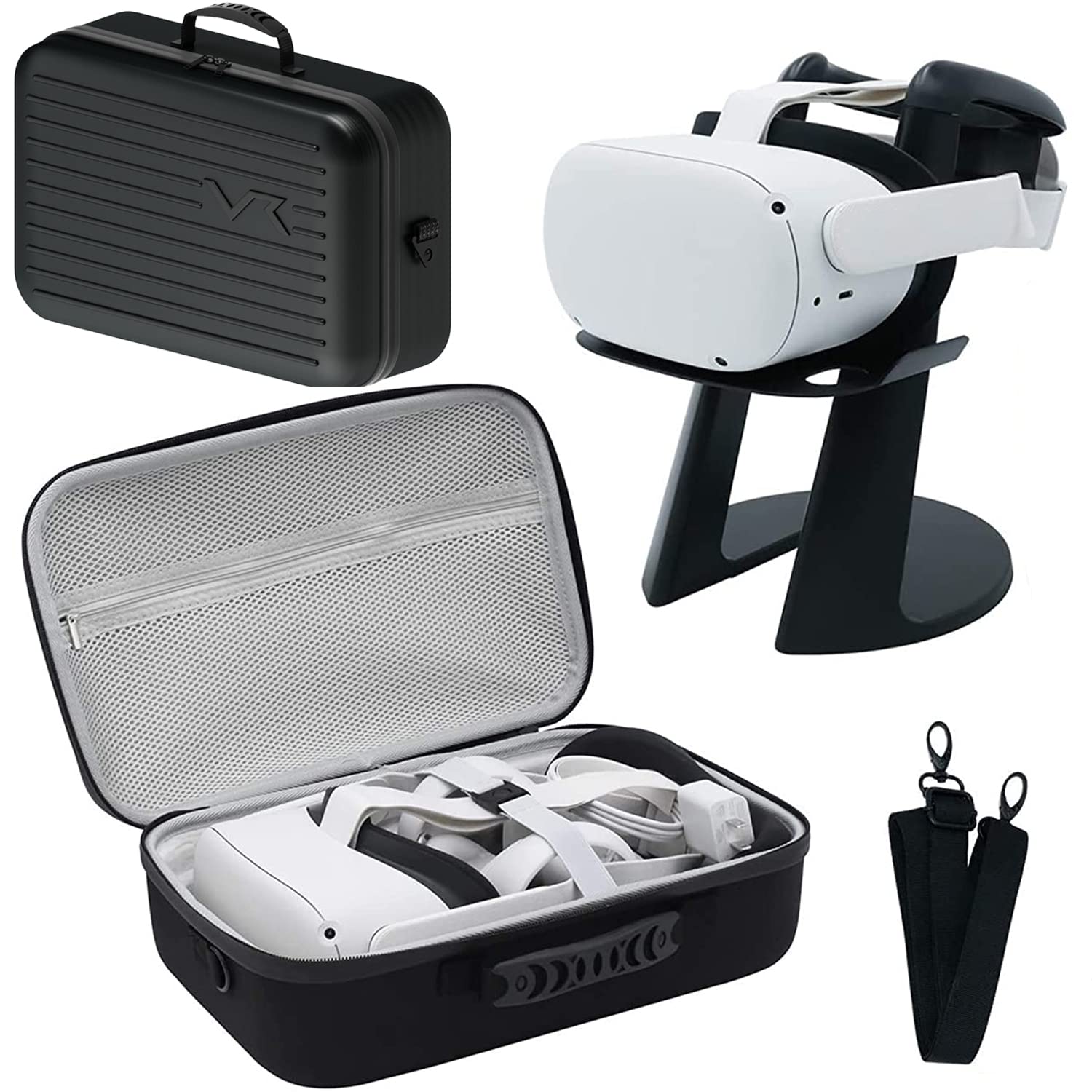 Piskyet Carrying Case with VR Stand, Compatible with Q2 Accessary, Travel Case for Q2/Q1/Elite Head Strap/Halo Strap/Oculus Go, Hard Case with Accessories Kits