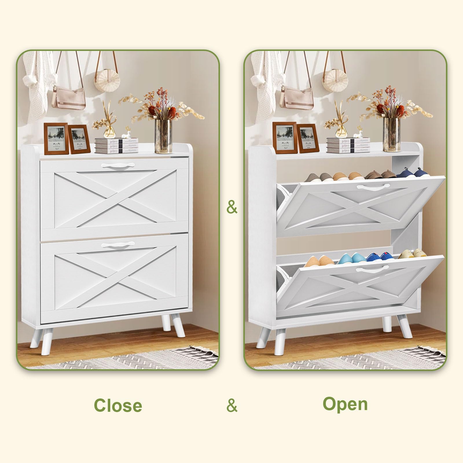 Crownland Shoe Storage Cabinet, Shoe Storage Organizer with 2 Flip-Out Drawers, Modern Two-Tier Freestanding Shoe Rack Cabinet for Entryway, Hallway, Living Room(White-Small)