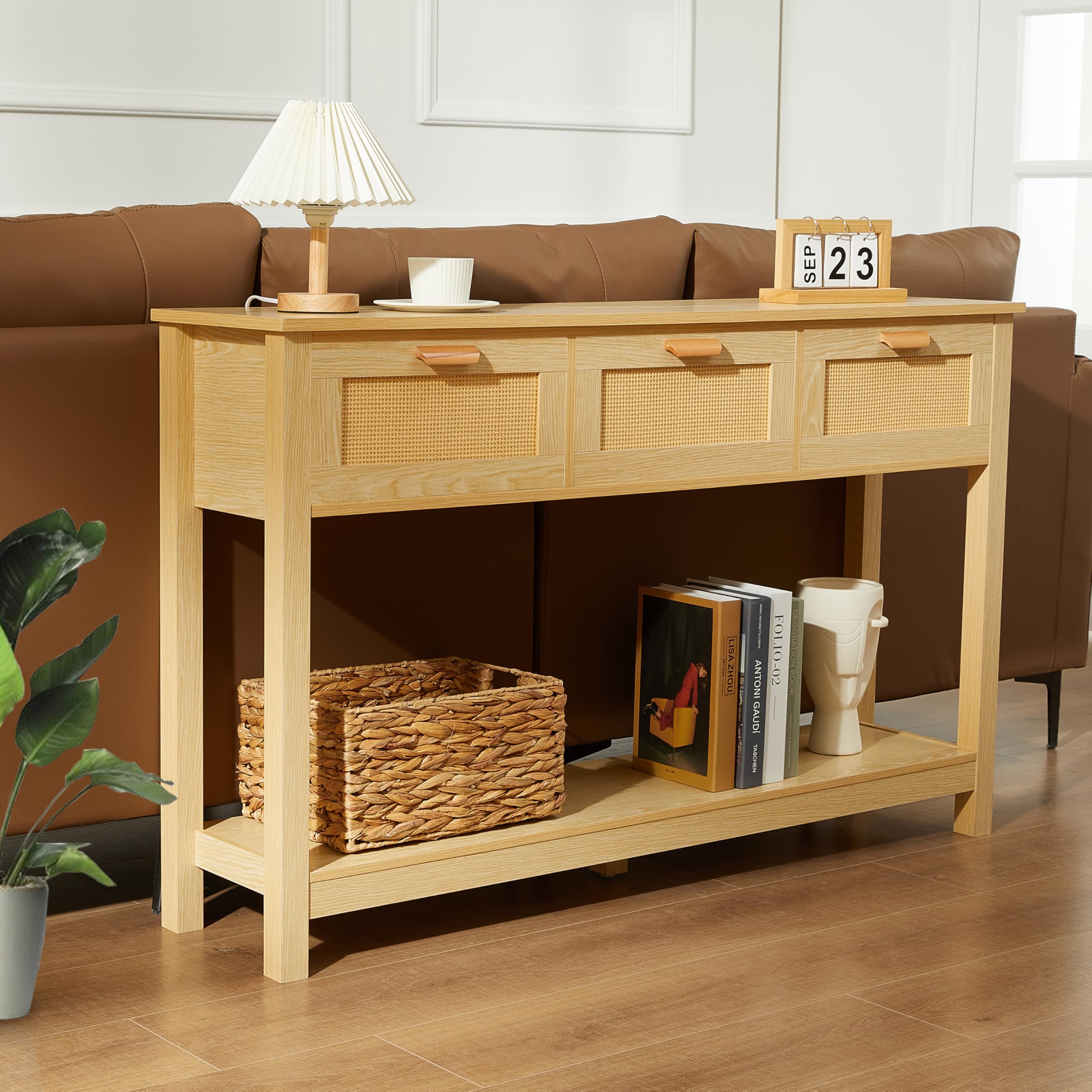 Chilihom Rattan Console Table with 3 Drawers, Boho Entryway Table with Storage, Narrow Long Sofa Table with Open Shelf, Foyer Table Hallway Table Behind Couch Table for Living Room, Natural Wood