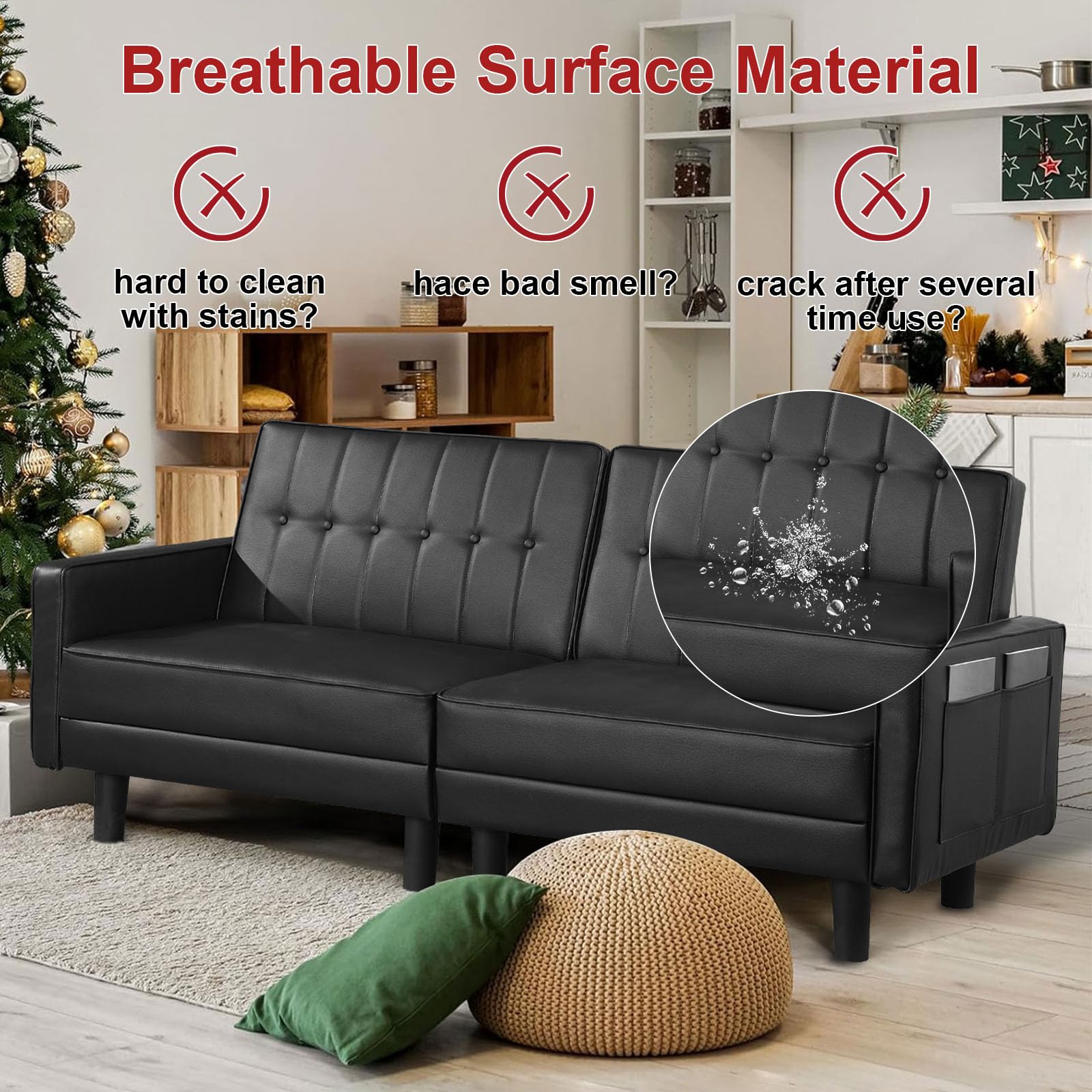 Oprisen 72” Sleeper Futon Sofa Chair Faux Leather Convertible Loveseat Sofa Bed Mid-Century Modern Sofa Tufted Couch for Office/Livingroom/Small Space w/Adjust Backrest/Side Pockets (Black, 2-Seater)