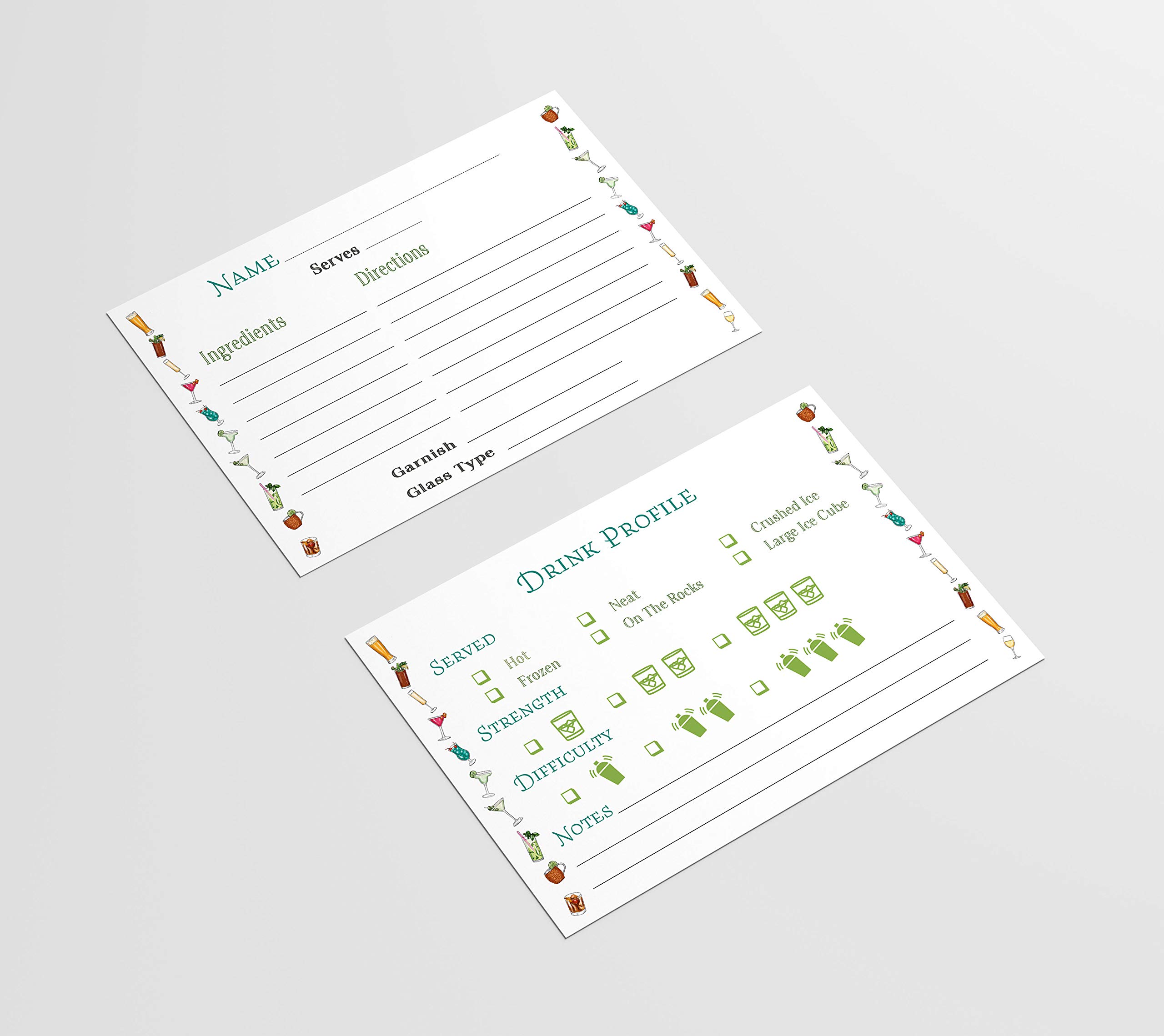 Cocktail Recipe Cards, 4x6 Inches, 50 Fill-in-the-Blank Cards for Recipe Box (Watercolor Border)