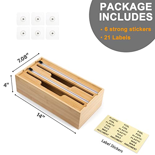 CTSZOOM 2 in 1 Wrap Dispenser with Cutter and Labels, Plastic Wrap, Aluminum Foil and Wax Paper Dispenser for Kitchen Drawer, Bamboo Roll Organizer Holder, Compatible with 12" Roll