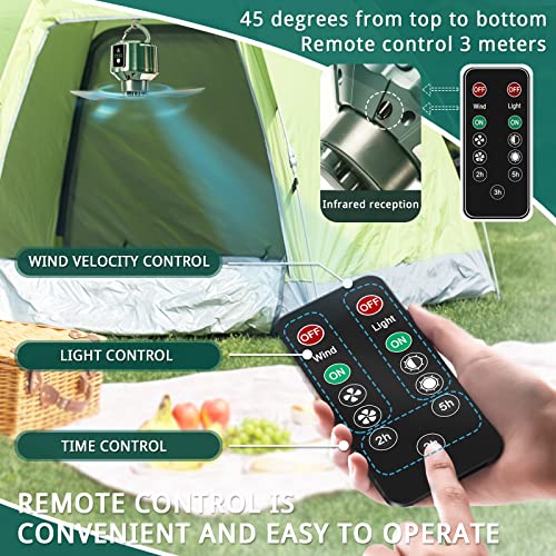 Hssio Camping Fan with LED Light, 7500mAh Rechargeable Portable Ceiling Fan with Remote Control, Tent Fan with 3-Speed Adjustable & Detachable Fan Blades for Outdoor