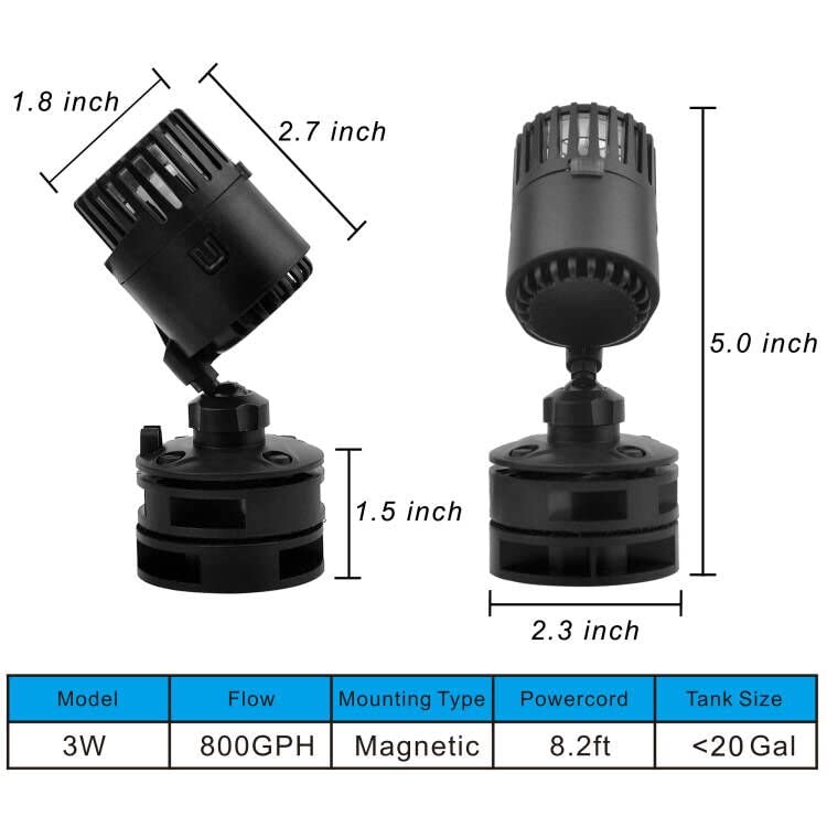 DOMICA Aquarium Wave Maker Power Head with Magnetic Mount Suction 800GPH, Fresh or Saltwater Tank Circulation Pump for Under 20 Gallon Fish Tank 3W