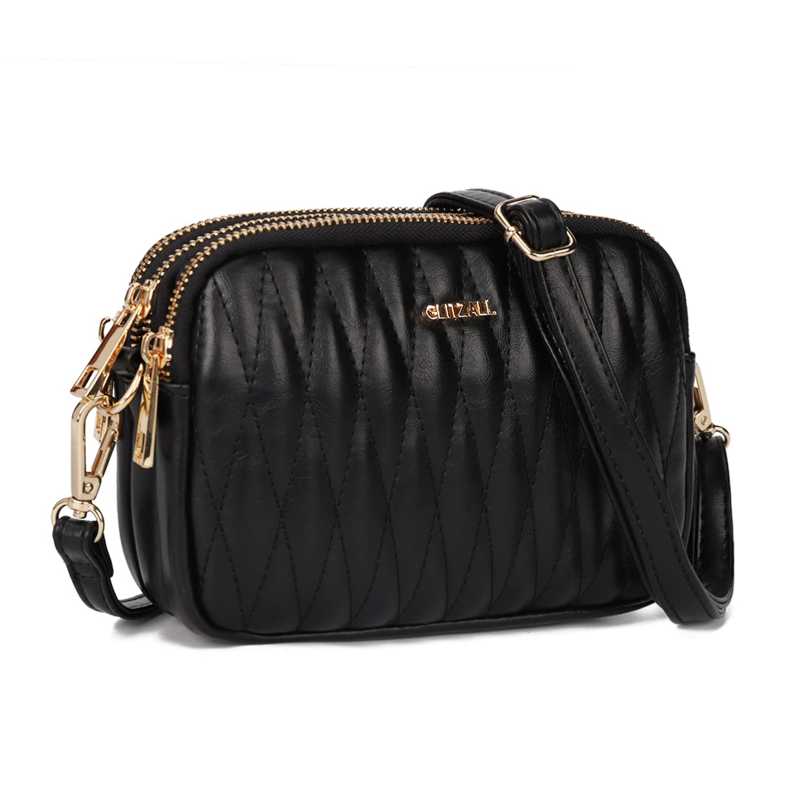 Triple Zip Small Crossbody Wallet Purse for Women Quilted Cross body Bag with Detachable Strapā¦