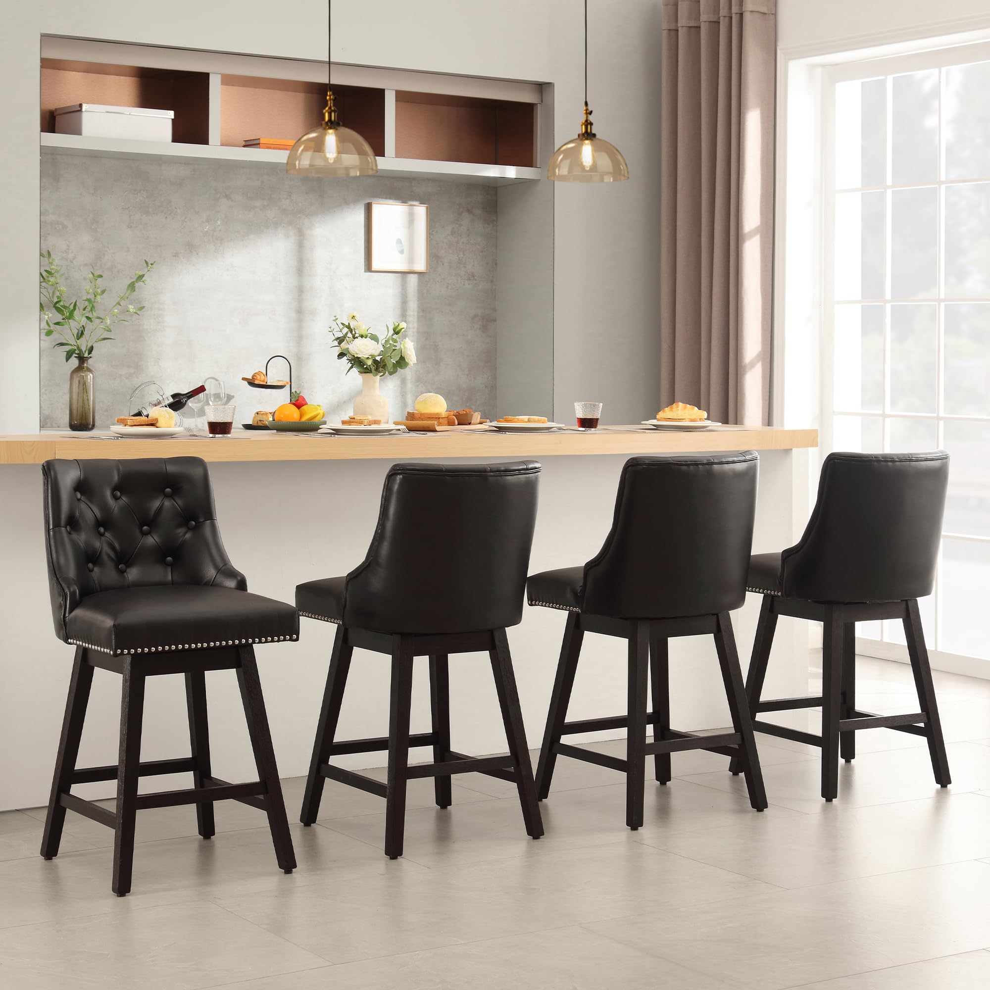 Busaurus Swivel Bar Stools Counter Height, 26" Faux Leather Upholstered Swivel Counter Stools with Back Set of 4, Modern Kitchen Island Stools with Solid Wood Legs, Black