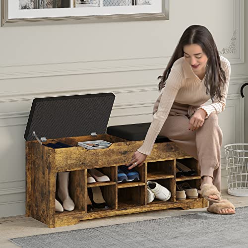 Hasuit Shoes Bench, Entryway Bench with Storage, Shoe Rack with 2 Lift Top Storage Boxes and 10 Compartments, Shoes Organizer for Entryway, Bedroom, Length 41.3ββ(Accent Brown)