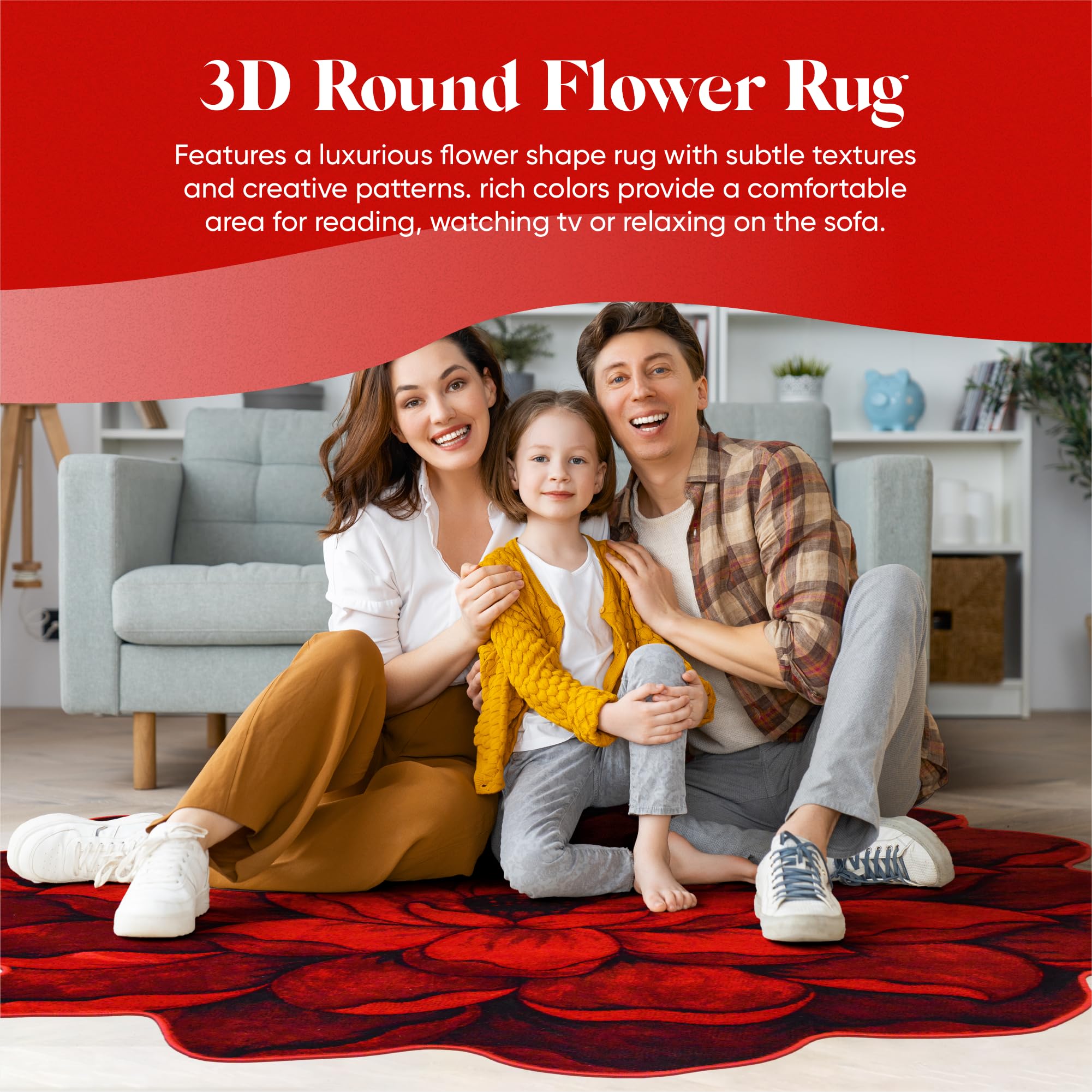 Flower Rug 2ft Round Area Rugs Cute Plush Flower Shaped Rug Circle Girly for Bedroom Floor Living Room Carpet 301 Red