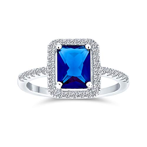 Bling Jewelry 3CT AAA CZ Pave Band Rectangle Solitaire Halo Blue Simulated Sapphire Emerald Cut Engagement Ring For Women .925 Sterling Silver